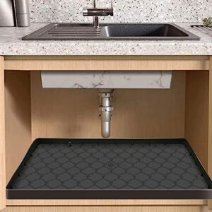 C-LARSS Under Sink Mats 33 * 21 Inches Silicone Under Kitchen Sink Liner Mat Flexible Waterproof Under Sink Drip Tray with Drainage Hole for Protect Cabinets Black