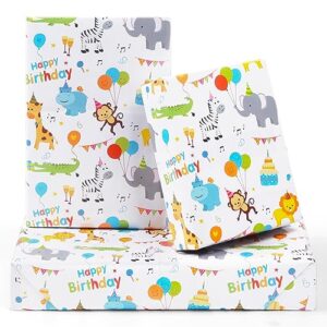 birthday wrapping paper for kids baby girls boys, 6 sheets monkey lion elephant giraffe alligator zebra animals party design 20 x 28 inch gift paper for birthday baby shower kindergarten newborn