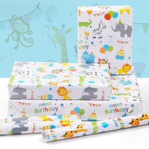 Birthday Wrapping Paper For Kids Baby Girls Boys, 6 Sheets Monkey Lion Elephant Giraffe Alligator Zebra Animals Party Design 20 x 28 inch Gift Paper for Birthday Baby Shower Kindergarten Newborn