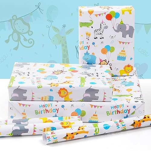 Birthday Wrapping Paper For Kids Baby Girls Boys, 6 Sheets Monkey Lion Elephant Giraffe Alligator Zebra Animals Party Design 20 x 28 inch Gift Paper for Birthday Baby Shower Kindergarten Newborn