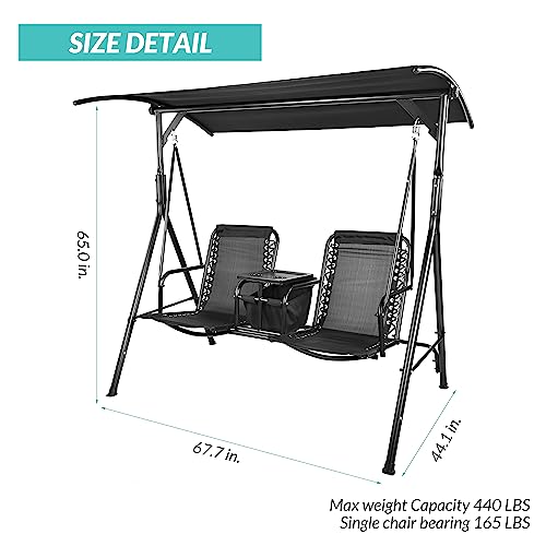 Elevon 2 Seat Outdoor Patio Swing Chair Outdoor Canopy Swing Glider with Pivot Storage Table, Cup Holder, Adjustable Shade