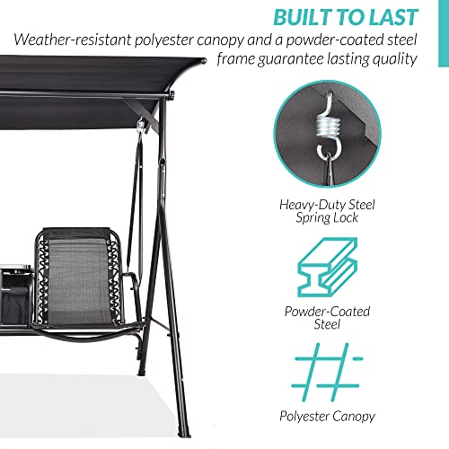 Elevon 2 Seat Outdoor Patio Swing Chair Outdoor Canopy Swing Glider with Pivot Storage Table, Cup Holder, Adjustable Shade