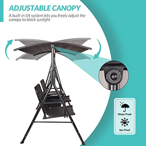 Elevon 2 Seat Outdoor Patio Swing Chair Outdoor Canopy Swing Glider with Pivot Storage Table, Cup Holder, Adjustable Shade