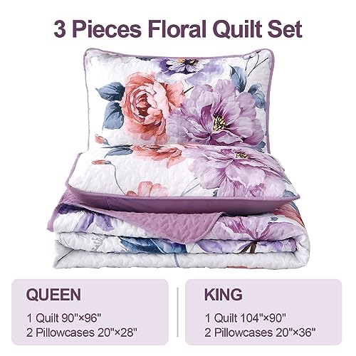 Dobuyly Purple Floral Quilt Set King Size, 3 Pieces Botanical Flower Printed on White Quilt Bedding Set Soft Microfiber Lightweight Bedspread Coverlet Set for All Season 104" x 90"