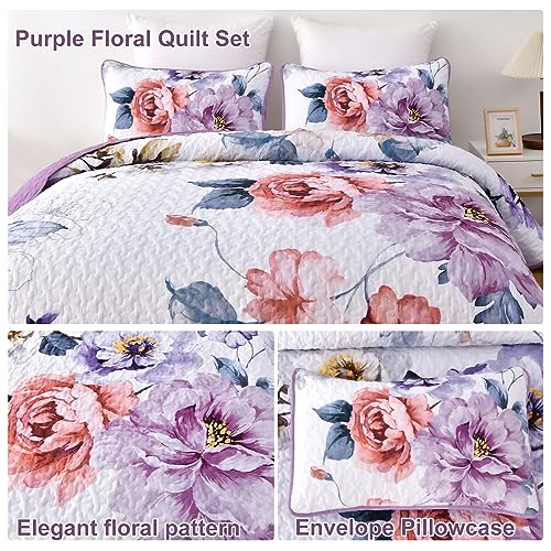 Dobuyly Purple Floral Quilt Set King Size, 3 Pieces Botanical Flower Printed on White Quilt Bedding Set Soft Microfiber Lightweight Bedspread Coverlet Set for All Season 104" x 90"