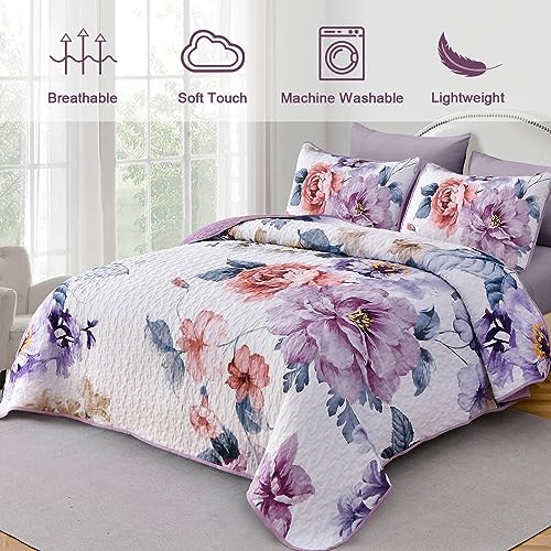 Dobuyly Purple Floral Quilt Set King Size, 3 Pieces Botanical Flower Printed on White Quilt Bedding Set Soft Microfiber Lightweight Bedspread Coverlet Set for All Season 104" x 90"