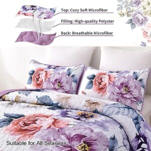 Dobuyly Purple Floral Quilt Set King Size, 3 Pieces Botanical Flower Printed on White Quilt Bedding Set Soft Microfiber Lightweight Bedspread Coverlet Set for All Season 104" x 90"