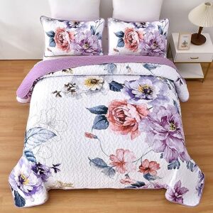 Dobuyly Purple Floral Quilt Set King Size, 3 Pieces Botanical Flower Printed on White Quilt Bedding Set Soft Microfiber Lightweight Bedspread Coverlet Set for All Season 104" x 90"