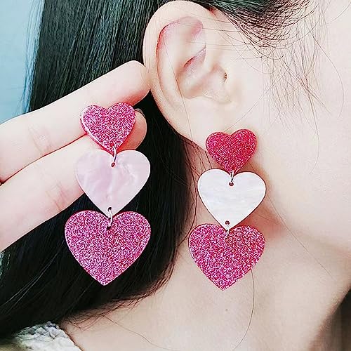 Pink Heart Earrings for Women,Double Heart Drop Earrings Y2K Lover Heart Dangle Earrings Summer Beach Acrylic Candy-colored Earrings Valentine's Day Jewelry Gift (pink)