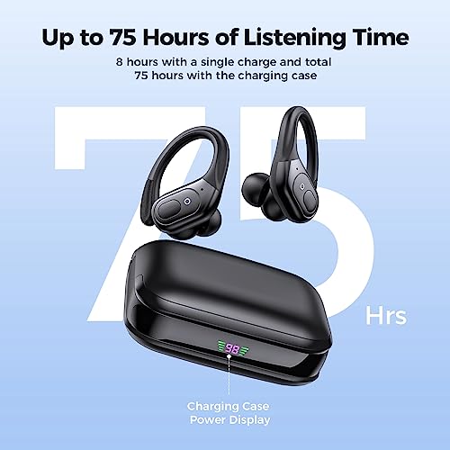 Bluetooth Headphones Wireless Earbuds, 5.3 Sports Earbuds 75H Playtime, IPX7 Waterproof, LED Power Display, Over Ear Buds with Earhooks, Mic in-Ear Headphones Deep Bass for Sports Running Workout