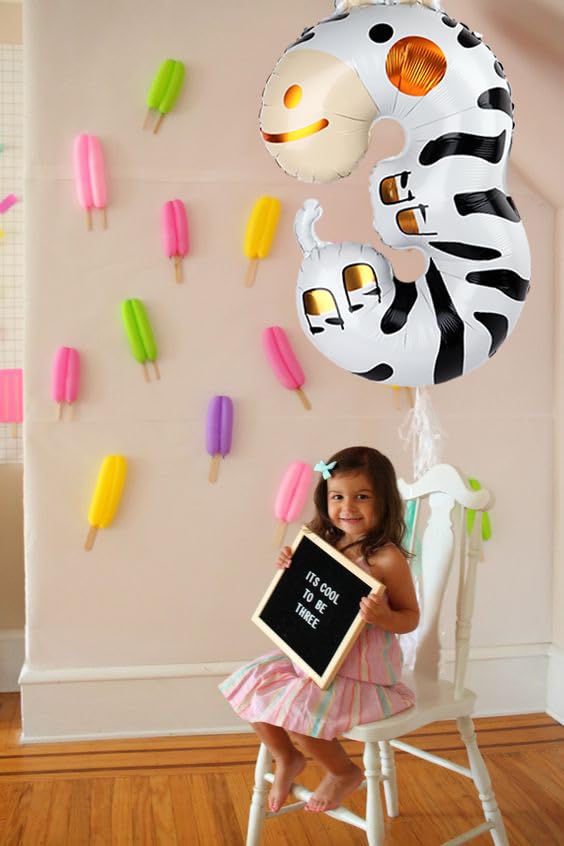 40 inch Number Balloons, Cartoon Zebra Balloon, Number 3 Balloon, Perfect Large Balloon for Fun 3rd 13 30 Birthday Decorations