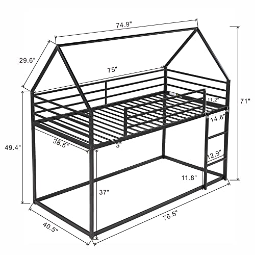 OPTOUGH Twin Over Twin House Bunk Bed with Built-in Ladder, Metal Low Bunk Bed for Kids Girls Boys, Black