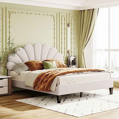 ATY Upholstered Queen Size Platform Bed, Velvet Fabric Bedframe with Flower Pattern Headboard & 12 Wood Slat Support, Elegant Style for Bedroom, Guestroom, No Box Spring Needed, Beige