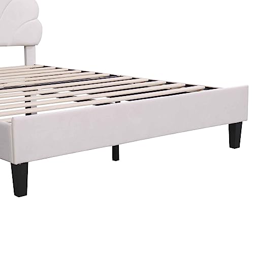 ATY Upholstered Queen Size Platform Bed, Velvet Fabric Bedframe with Flower Pattern Headboard & 12 Wood Slat Support, Elegant Style for Bedroom, Guestroom, No Box Spring Needed, Beige