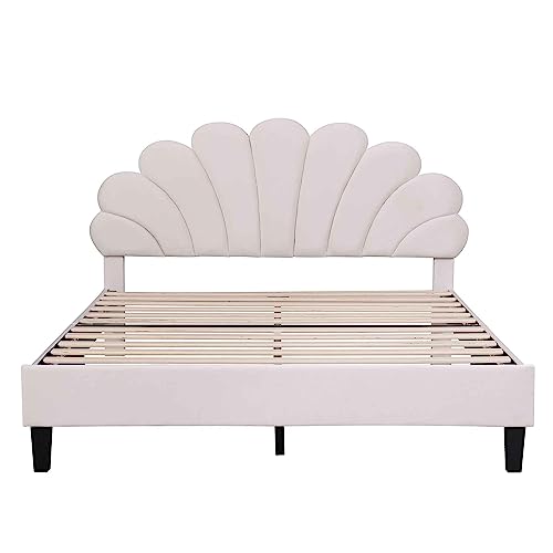 ATY Upholstered Queen Size Platform Bed, Velvet Fabric Bedframe with Flower Pattern Headboard & 12 Wood Slat Support, Elegant Style for Bedroom, Guestroom, No Box Spring Needed, Beige