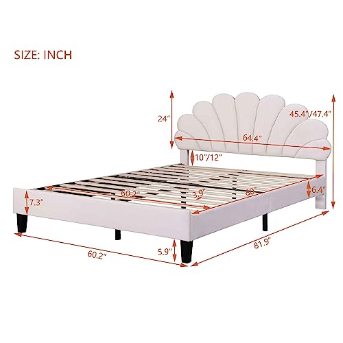 ATY Upholstered Queen Size Platform Bed, Velvet Fabric Bedframe with Flower Pattern Headboard & 12 Wood Slat Support, Elegant Style for Bedroom, Guestroom, No Box Spring Needed, Beige