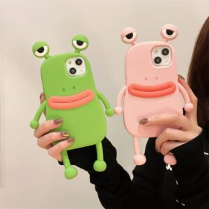 Bonici Men Women Super Funny Novelty Hotdog Sausage Mouth Big Eyes Green Frog Pink Frog Phone Case Soft TPU Silicone Rubber Phone Cover Compatible with iPhone 11, Full Body Protection -Green