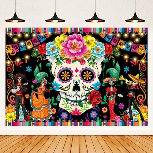 Mexican Day of The Dead Party Decoration Supplies Backdrop Banner for Mexican Fiesta Skull Flowers Photo Booth Background Dia DE Los Muertos for Alebrijes Mexicanos Home Wall Door Decor，5x3FT