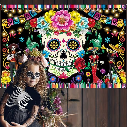 Mexican Day of The Dead Party Decoration Supplies Backdrop Banner for Mexican Fiesta Skull Flowers Photo Booth Background Dia DE Los Muertos for Alebrijes Mexicanos Home Wall Door Decor，5x3FT