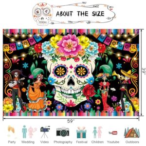 Mexican Day of The Dead Party Decoration Supplies Backdrop Banner for Mexican Fiesta Skull Flowers Photo Booth Background Dia DE Los Muertos for Alebrijes Mexicanos Home Wall Door Decor，5x3FT