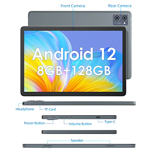 jumper 10 Inch Tablet, Android 12 Tablets with 2.0GHz Octa-Core Processor, 8GB RAM 128GB Storage, Full HD IPS Touch Screen, 13+5MP Dual Camera, Dual Speakers, 6000mAh Battery, Bluetooth5.0, GPS.