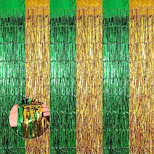 Peryiter 6 Pcs Backdrop Curtain 3.3 x 6.6 ft Glitter Tinsel Foil Fringe Curtains PET Fringe Curtain Backdrop Party Photo Backdrop Streamer Backdrop for Home Outdoor Party (Green, Gold)