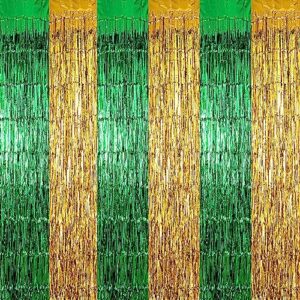 Peryiter 6 Pcs Backdrop Curtain 3.3 x 6.6 ft Glitter Tinsel Foil Fringe Curtains PET Fringe Curtain Backdrop Party Photo Backdrop Streamer Backdrop for Home Outdoor Party (Green, Gold)