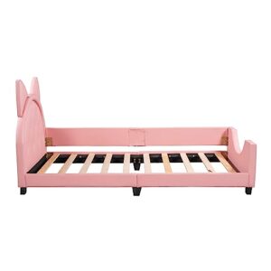 Mancofy Twin Size Cute Upholstered Daybed with Carton Ears Shaped Headboard, Wooden Twin Platform Bed Frame for Girls Boys, PU Leather Sofa Bed, Low Profile Single Bed (Triangular Ears Pink)