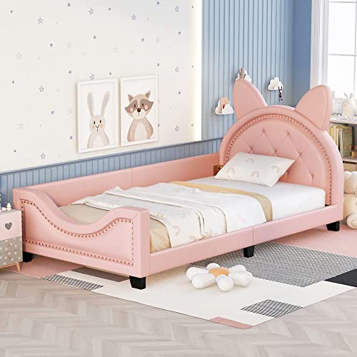 Mancofy Twin Size Cute Upholstered Daybed with Carton Ears Shaped Headboard, Wooden Twin Platform Bed Frame for Girls Boys, PU Leather Sofa Bed, Low Profile Single Bed (Triangular Ears Pink)