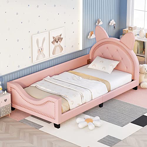 Mancofy Twin Size Cute Upholstered Daybed with Carton Ears Shaped Headboard, Wooden Twin Platform Bed Frame for Girls Boys, PU Leather Sofa Bed, Low Profile Single Bed (Triangular Ears Pink)