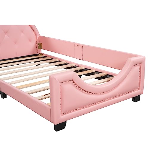 Mancofy Twin Size Cute Upholstered Daybed with Carton Ears Shaped Headboard, Wooden Twin Platform Bed Frame for Girls Boys, PU Leather Sofa Bed, Low Profile Single Bed (Triangular Ears Pink)