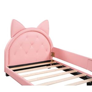 Mancofy Twin Size Cute Upholstered Daybed with Carton Ears Shaped Headboard, Wooden Twin Platform Bed Frame for Girls Boys, PU Leather Sofa Bed, Low Profile Single Bed (Triangular Ears Pink)