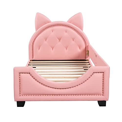 Mancofy Twin Size Cute Upholstered Daybed with Carton Ears Shaped Headboard, Wooden Twin Platform Bed Frame for Girls Boys, PU Leather Sofa Bed, Low Profile Single Bed (Triangular Ears Pink)