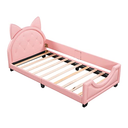 Mancofy Twin Size Cute Upholstered Daybed with Carton Ears Shaped Headboard, Wooden Twin Platform Bed Frame for Girls Boys, PU Leather Sofa Bed, Low Profile Single Bed (Triangular Ears Pink)