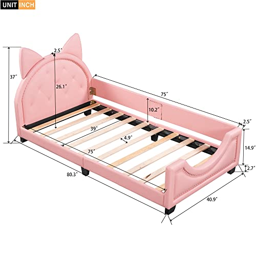 Mancofy Twin Size Cute Upholstered Daybed with Carton Ears Shaped Headboard, Wooden Twin Platform Bed Frame for Girls Boys, PU Leather Sofa Bed, Low Profile Single Bed (Triangular Ears Pink)