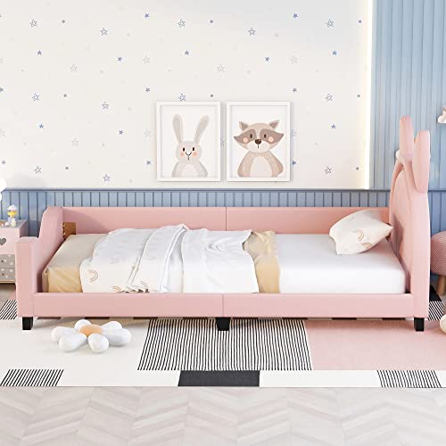 Mancofy Twin Size Cute Upholstered Daybed with Carton Ears Shaped Headboard, Wooden Twin Platform Bed Frame for Girls Boys, PU Leather Sofa Bed, Low Profile Single Bed (Triangular Ears Pink)