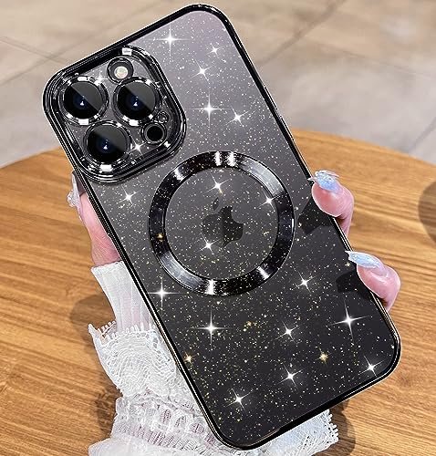 JUESHITUO Magnetic Glitter Case Designed for iPhone 14 Pro Max Case with Full Camera Protection and Strongest Magnetism, Soft TPU Plating Luxury Sparkly Shockproof Slim Case for Women Girls - Black