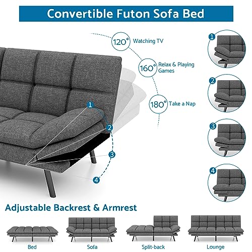 LIFERECORD Futon, Loveseat Memory Foam Convertible Sleeper Adjustable Armrest&Backrest, Sofa Bed Couches for Bedroom, Small Spaces, Grey