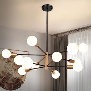 sheetea 10-light sputnik chandelier, black and gold chandeliers pendant lighting, modern farmhouse dinning room light fixture mid century brass, height adjustable for living room kitchen island