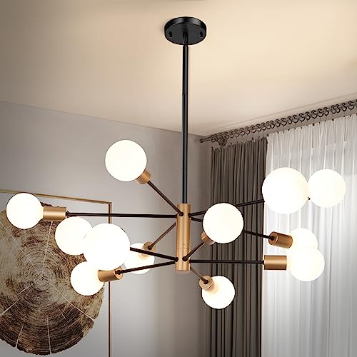 Sheetea 10-Light Sputnik Chandelier, Black and Gold Chandeliers Pendant Lighting, Modern Farmhouse Dinning Room Light Fixture Mid Century Brass, Height Adjustable for Living Room Kitchen Island