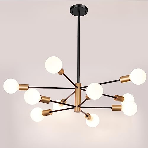 Sheetea 10-Light Sputnik Chandelier, Black and Gold Chandeliers Pendant Lighting, Modern Farmhouse Dinning Room Light Fixture Mid Century Brass, Height Adjustable for Living Room Kitchen Island