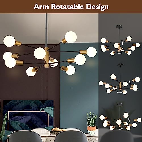 Sheetea 10-Light Sputnik Chandelier, Black and Gold Chandeliers Pendant Lighting, Modern Farmhouse Dinning Room Light Fixture Mid Century Brass, Height Adjustable for Living Room Kitchen Island