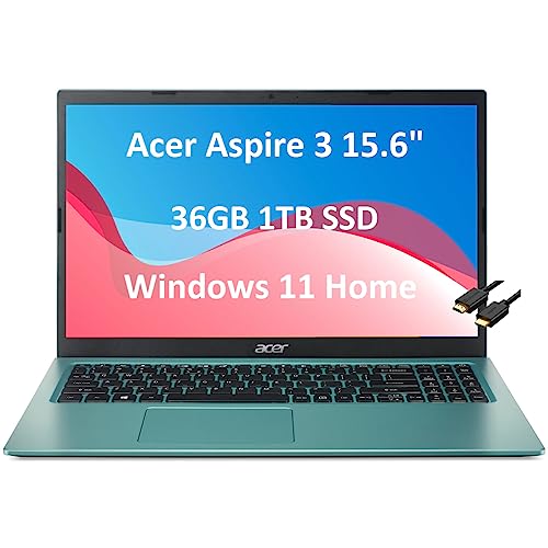 Acer Aspire 3 Laptop (15.6" FHD, Intel Core i3-1115G4, 36GB RAM, 1TB SSD, UHD Graphics), Home & Education, 9.5-Hr Long Battery Life, Wi-Fi 5, Webcam, Bluetooth, IST HDMI, Win 11 Home, Teal Blue