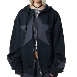 Womens Y2K Long Sleeve Hoodies Zip Up Star Graphic Track Jackets Hip Hop Harajuku Oversized Sweater Sweatshirts