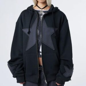 Womens Y2K Long Sleeve Hoodies Zip Up Star Graphic Track Jackets Hip Hop Harajuku Oversized Sweater Sweatshirts