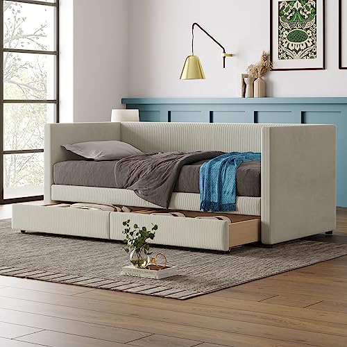 JIVOIT Elegant Upholstered Daybed with Two Storage Drawers, Twin Size Corduroy Daybed with Wood Slat Support and Backrest, Wood Storage Sofa Bed Frame, No Box Spring Needed (Beige 062)