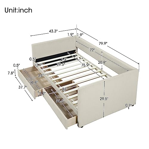 JIVOIT Elegant Upholstered Daybed with Two Storage Drawers, Twin Size Corduroy Daybed with Wood Slat Support and Backrest, Wood Storage Sofa Bed Frame, No Box Spring Needed (Beige 062)