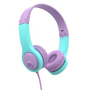 jlab jbuddies folding kids wired headphones gen 2, pink/teal, toddler headphones, noise isolation, kids safe, volume limiting headphones, headphones for children ages 2+