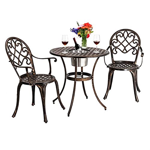 KUJYBG European Style Cast Aluminum Outdoor 3 Piece Patio Bistro Set of Table and Chairs with Ice Bucket Bronze Outdoor Furniture Set