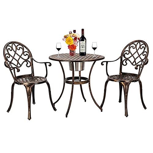 KUJYBG European Style Cast Aluminum Outdoor 3 Piece Patio Bistro Set of Table and Chairs with Ice Bucket Bronze Outdoor Furniture Set